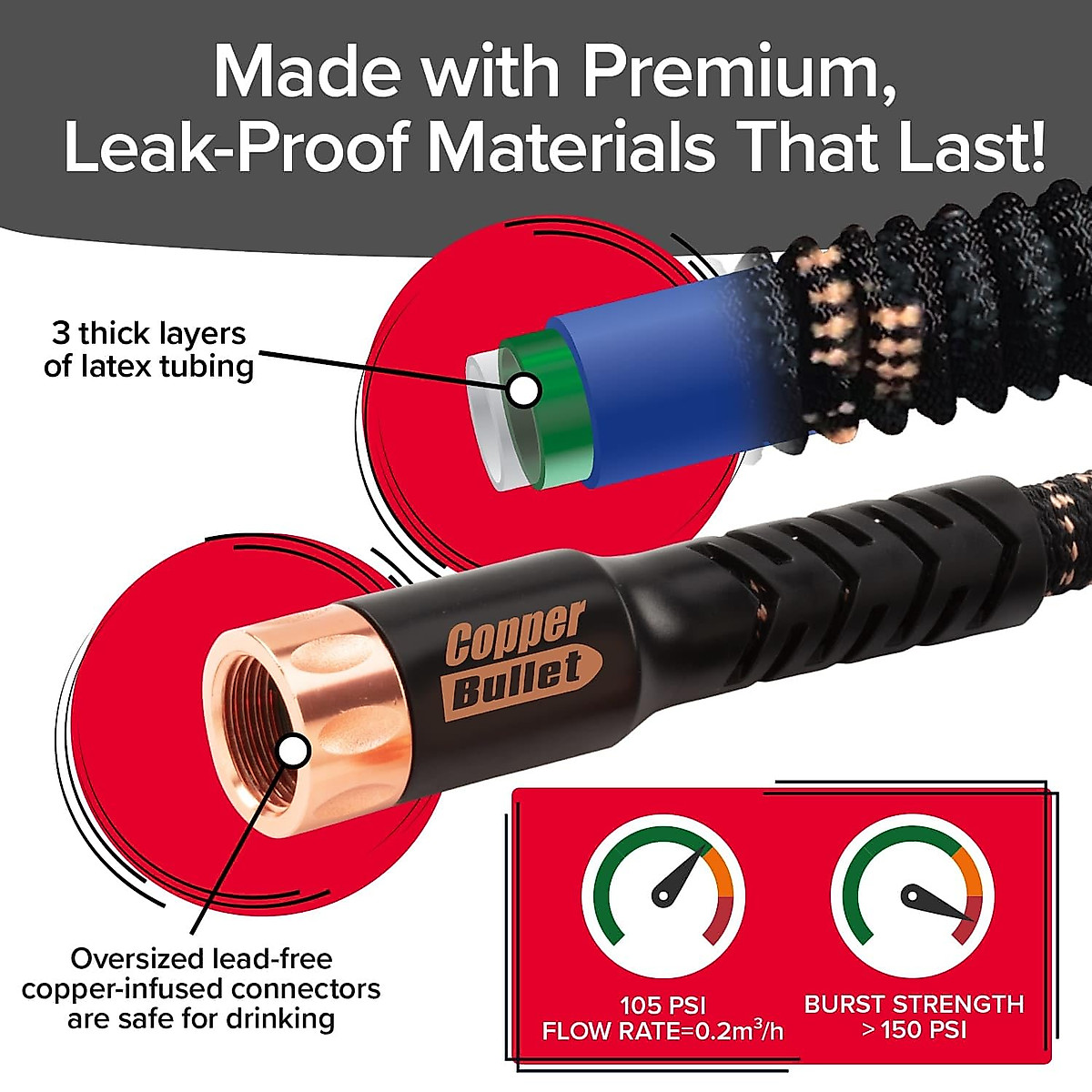 Pocket Hose Copper Bullet Expandable Garden Hose w/10 Pattern Thumb Spray Nozzle AS-SEEN-ON-TV 50 FT 650psi 3/4 in Patented Lead-Free Ultra-Lightweight Solid Copper Anodized Aluminum Fittings No-Kink