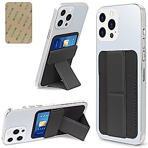 WWW Card Holder with Stand for Back of Phone,Secure Stick on Wallet,PU Leather Credit Cards Holder for Cell Phone with 3M Adhesive Sticker for Smart Phones,Black