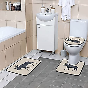 Oyihfvs Moose Wild Deer Silhouette Isolated 4 Pcs Shower Curtain with Matching Doormat Sets, Bath Curtain with Rugs(Bath Mat, U Shape Mat, Toilet Lid Cover Mat) with Hooks