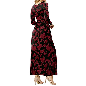 CATHY Women's Empire Waist Bodycon Maxi Dress Crewneck Casual Long Dresses with Pockets, S, 01 Red Flowers