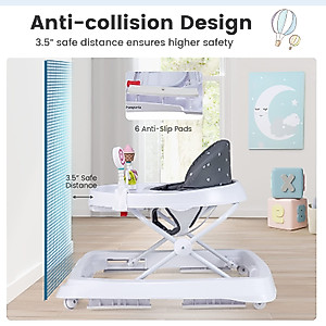 BABY JOY Baby Walker, Foldable Activity Walker Helper with Adjustable Height, Baby Activity Walker with High Back Padded Seat & Bear Toys (Gray, Star Pattern)