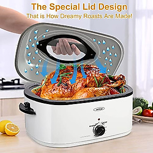 Electric Roaster, Roaster Oven 26 Quart with Self-Basting Lid, Turkey Roaster Oven with Removable Pan and Rack, Adjustable Temperature Control Powerful 1450W Stainless Steel Roaster Oven, White