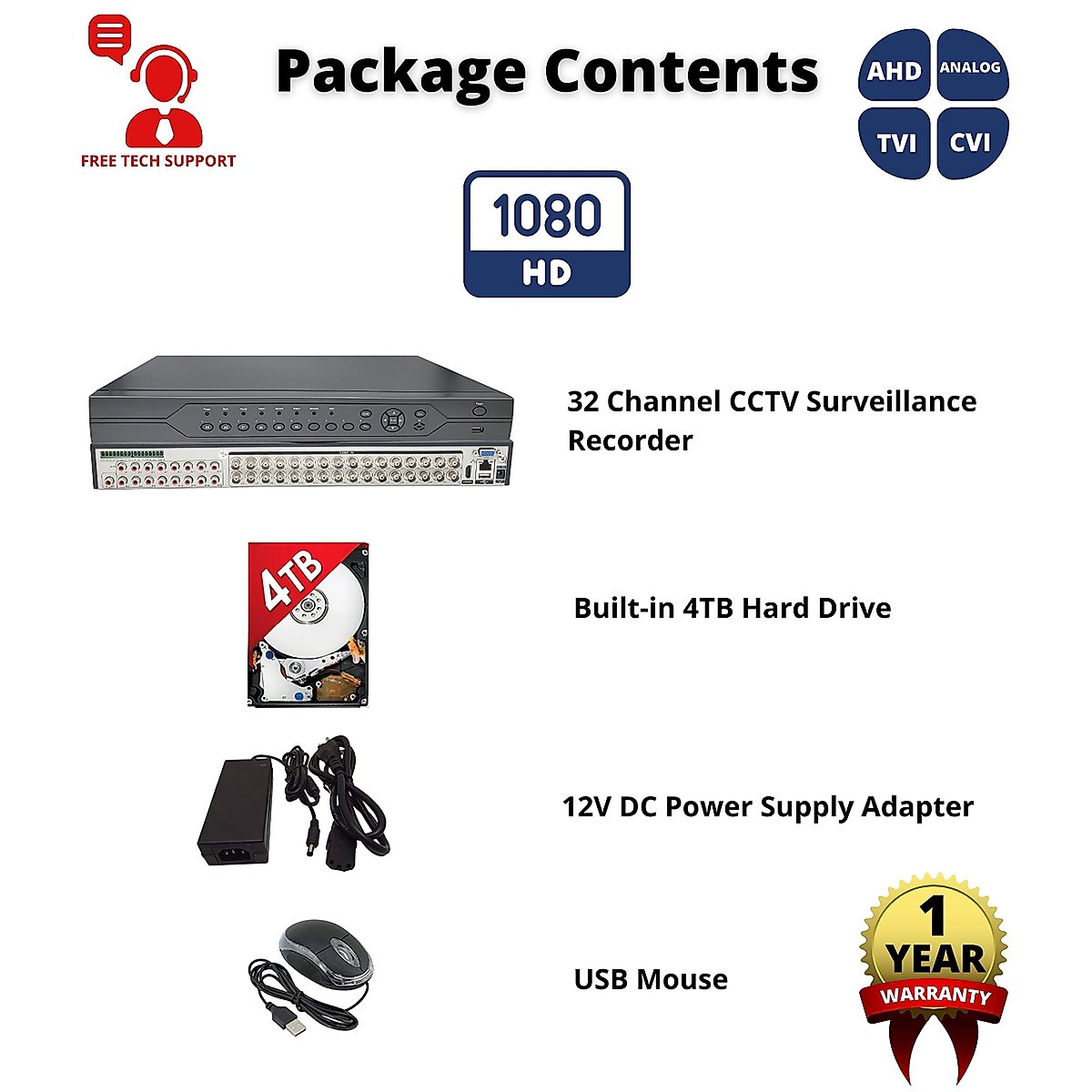 Evertech 32 Channel 32CH H.265 Hybrid DVR Recorder 4-in1 for HD TVI AHD CVI and Analog 1080P Home Business Security Surveillance Camera Systems + 4TB Hard Drive Memory for 24/7 Recording Remote Access