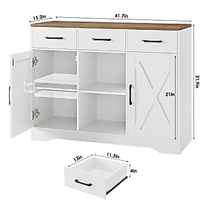 HOSTACK Modern Farmhouse Buffet Cabinet with Storage, Barn Doors Sideboard Buffet Storage Cabinet with Drawers and Shelves, Wood Coffee Bar Cabinet for Kitchen, Dining Room, Living Room, White