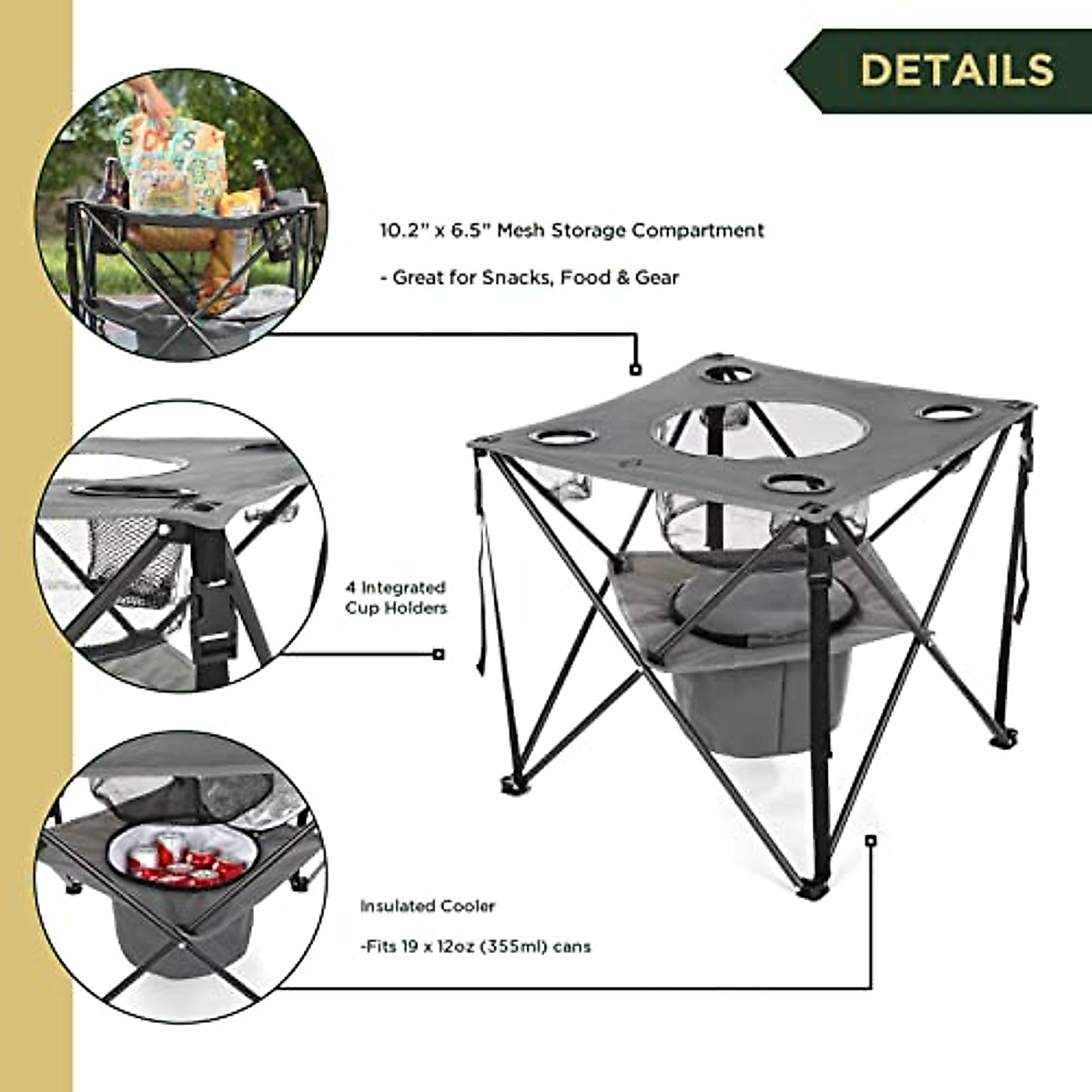 ARROWHEAD OUTDOOR 33.5” Portable Folding Tailgate Table, 4 Cup Holders, Food Basket, Insulated Cooler, No Sag Surface, Square, Carrying Case, Steel Frame, High-Grade 600D Canvas, USA-Based Support