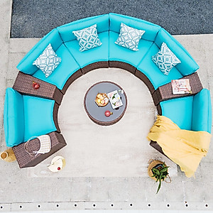 OC Orange-Casual 11 Pieces Sectional Outdoor Furniture, Half-Moon Curved Outdoor Sofa, All-Weather Brown Wicker with Round Coffee Table and Turquoise Cushions (Pillows & Waterproof Cover Included)