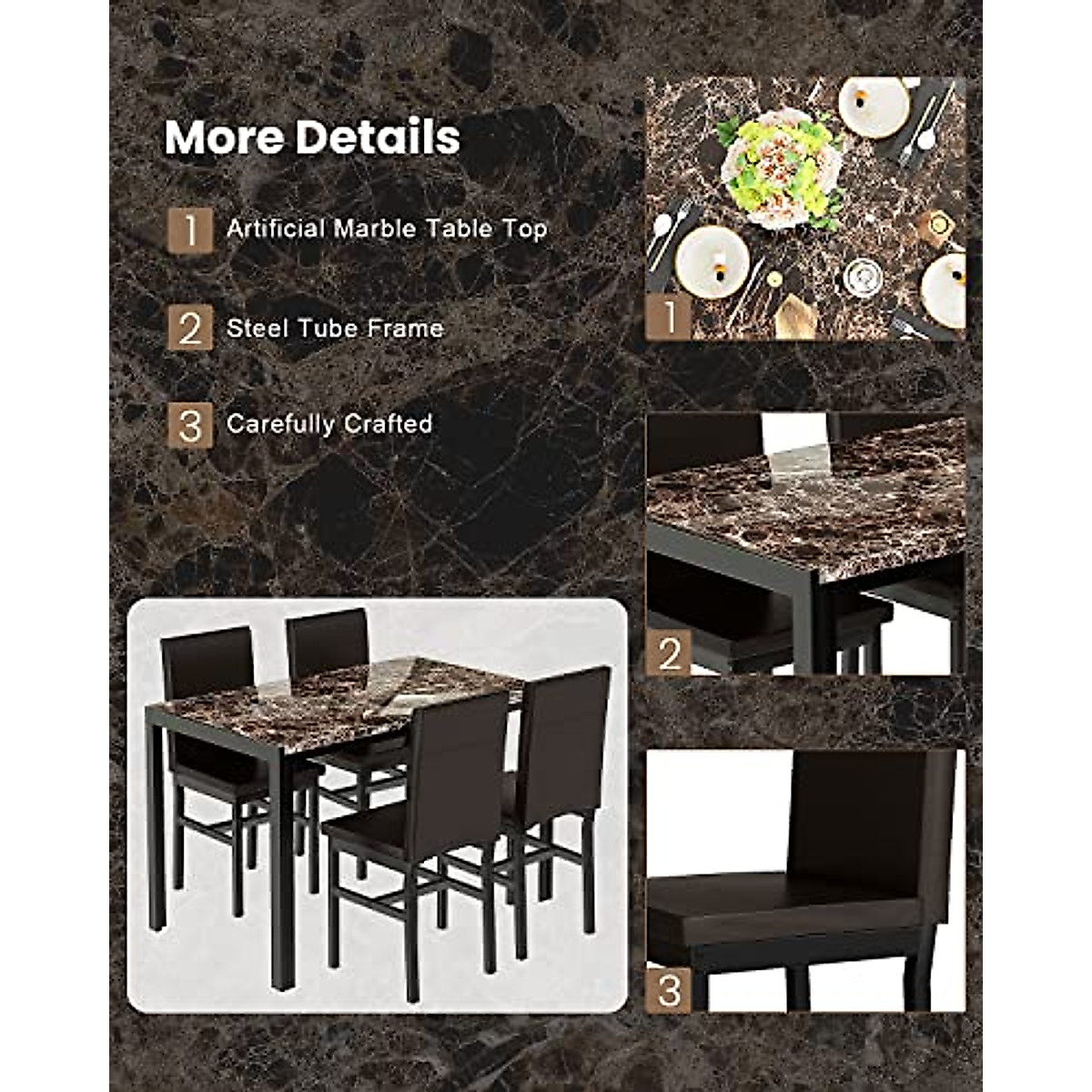 Dining Table Set for 4, Furniture 5 Piece Faux Marble Dining Set, 4 Faux Leather Metal Frame Chairs, Dinette, Compact Space w/Artificial Marble for Small Spaces, Dining Room, Kitchen