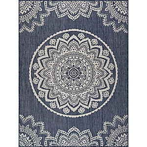 CAMILSON Outdoor Rug - Modern Area Rugs for Indoor and Outdoor patios, Kitchen and Hallway mats - Washable Outside Carpet (5x7, Medallion - Blue/White)