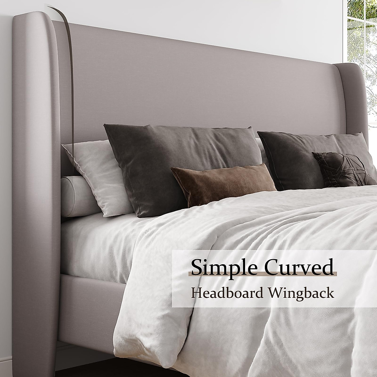 Jocisland Upholstered Bed Frame Queen Size Platform Bed with Wingback Headboard/No Box Spring Needed/Easy Assembly/Light Grey