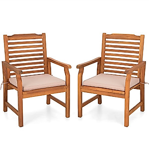 Sophia & William 2 Pieces Acacia Wood Patio Dining Chairs with Cushions, Outdoor Oil Finish Middle Back Wooden Armchairs Set of 2, Natural Wood Chairs for Porch Yard Balcony Deck, Teak