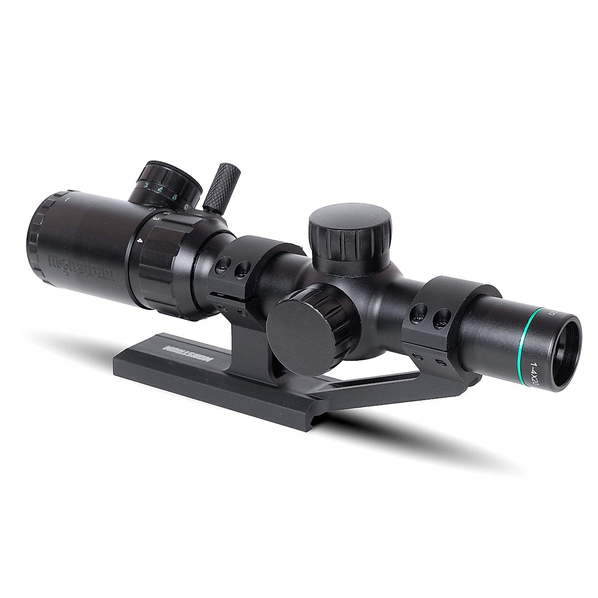 Monstrum 1-4x20 Rifle Scope with Rangefinder Reticle | ZR255 H-Series Offset Scope Mount | Bundle
