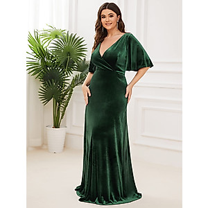 Ever-Pretty Women's Trumpet Short Sleeve Plus Size Velvet Formal Dinne Party Dress Dark Green US18