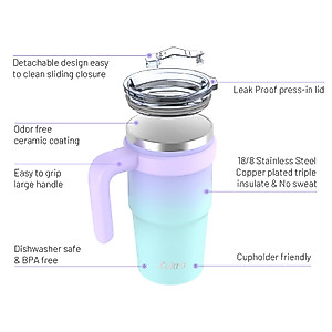 Zukro 20 oz Insulated Tumbler With Handle, Ceramic Interior Coating, No Metallic Aftertaste, Vacuum Stainless Steel Travel Coffee Cup with Lid and Straw, BPA Free, No Sweat, Floral Pink