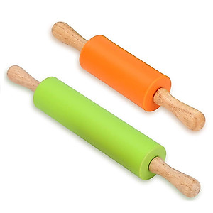 Alimat PluS Silicone Rolling Pin - Dough Roller for Pizza, Cookie with Wooden Handle & Nonstick Surface - 2 Pack Rolling Pins for Baking (9+12 Inch)