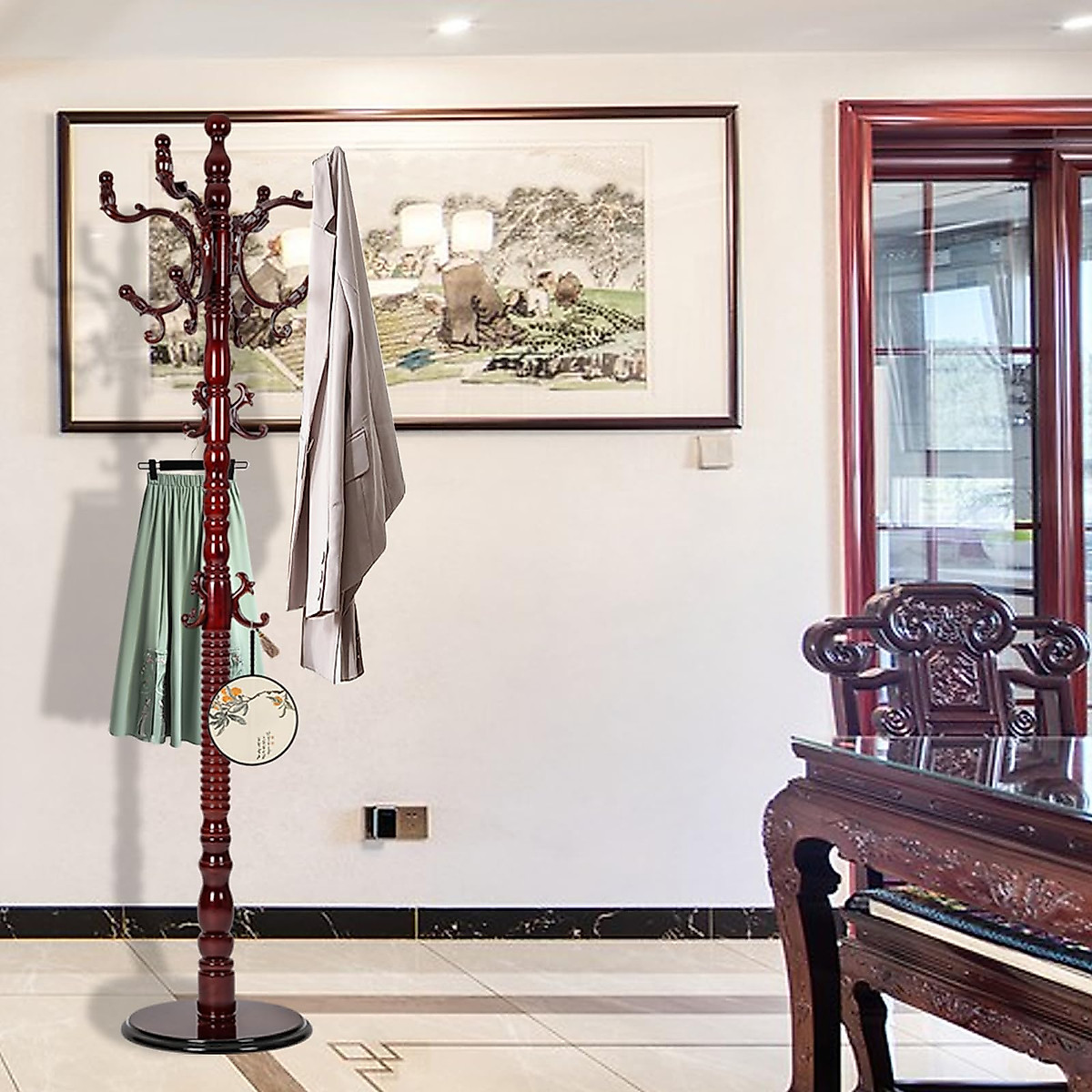 RUFXIEZW Coat Rack Freestanding, Wooden Tree Coat Rack Stand with 3 Adjustable Sizes Coat Tree and 14 Hooks, Sturdy Hall Tree with Solid Round Base for Entryway, Hallway, Bedroom (Reddish brown)