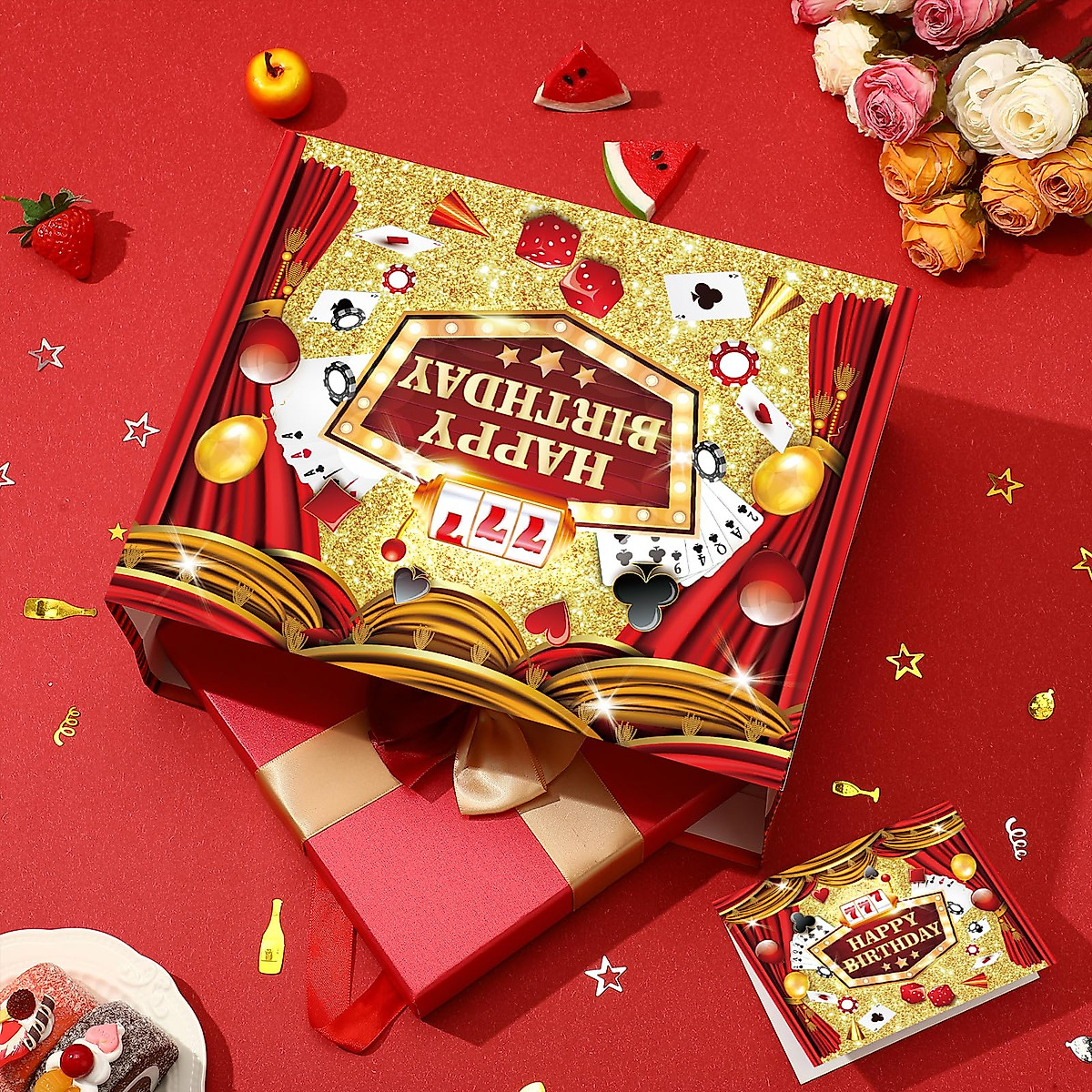 Large Casino Birthday Favor Gift Bags with Card Tissue Paper Red Happy Birthday Treat Gift Bags Las Vegas Poker Themed Gift Wrapping Paper Bag for Men Women Christmas Casino Birthday Party Decorations Supplies