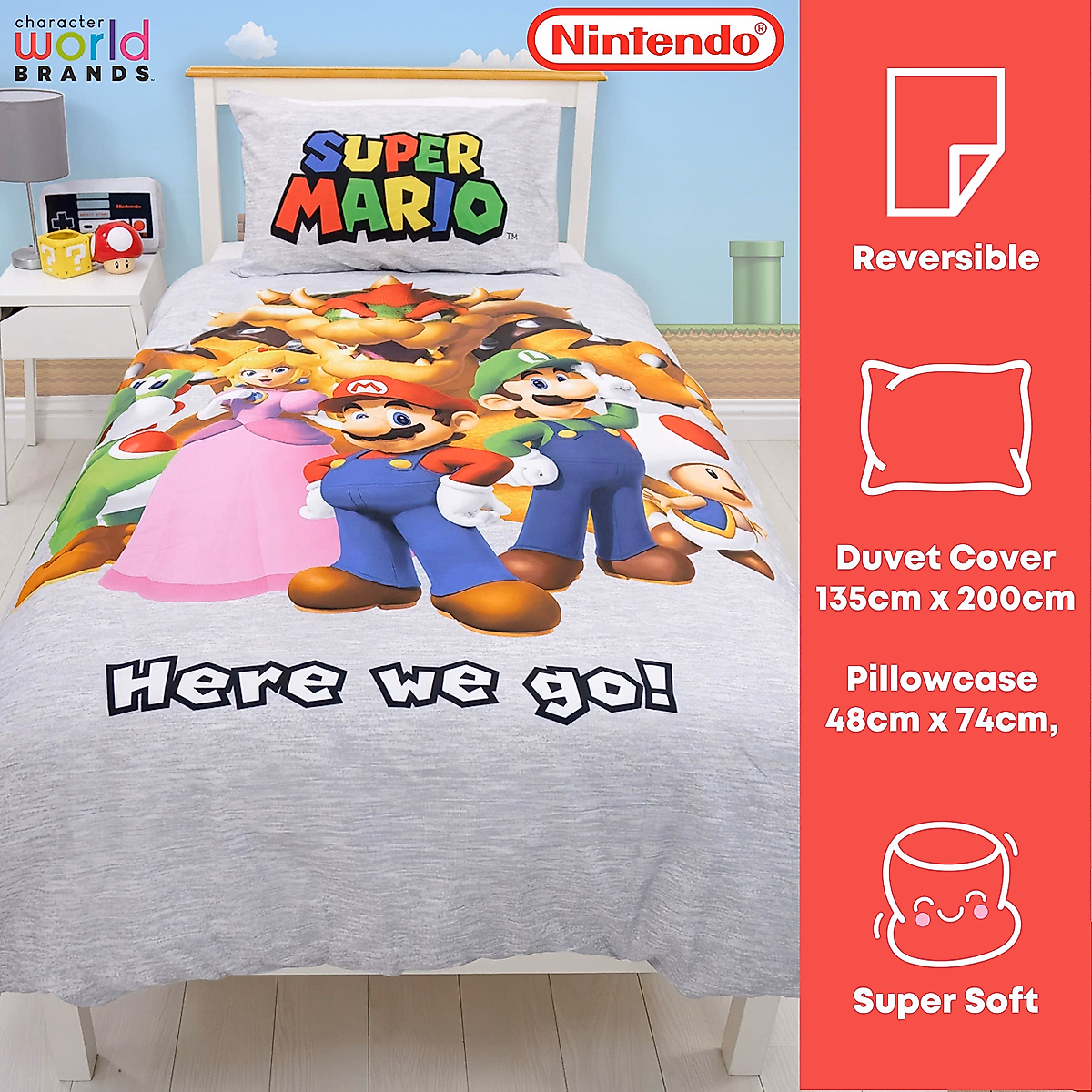 Nintendo Super Mario Official Single Duvet Cover Set, Here We Go Design | Reversible 2 Sided Bedding Cover Official Merchandise Including Matching Pillow Case | Single Bed Set | Polycotton