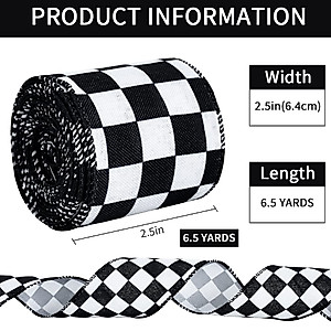 TONIFUL 2.5 Inch Black and White Wired Edge Ribbon, Plaid Check Burlap Ribbon, Blakc White Wired Ribbon for Gift Wrapping, Wreath Bows Making, Crafts Home Party Christmas Tree Decoration（Check，6yds）