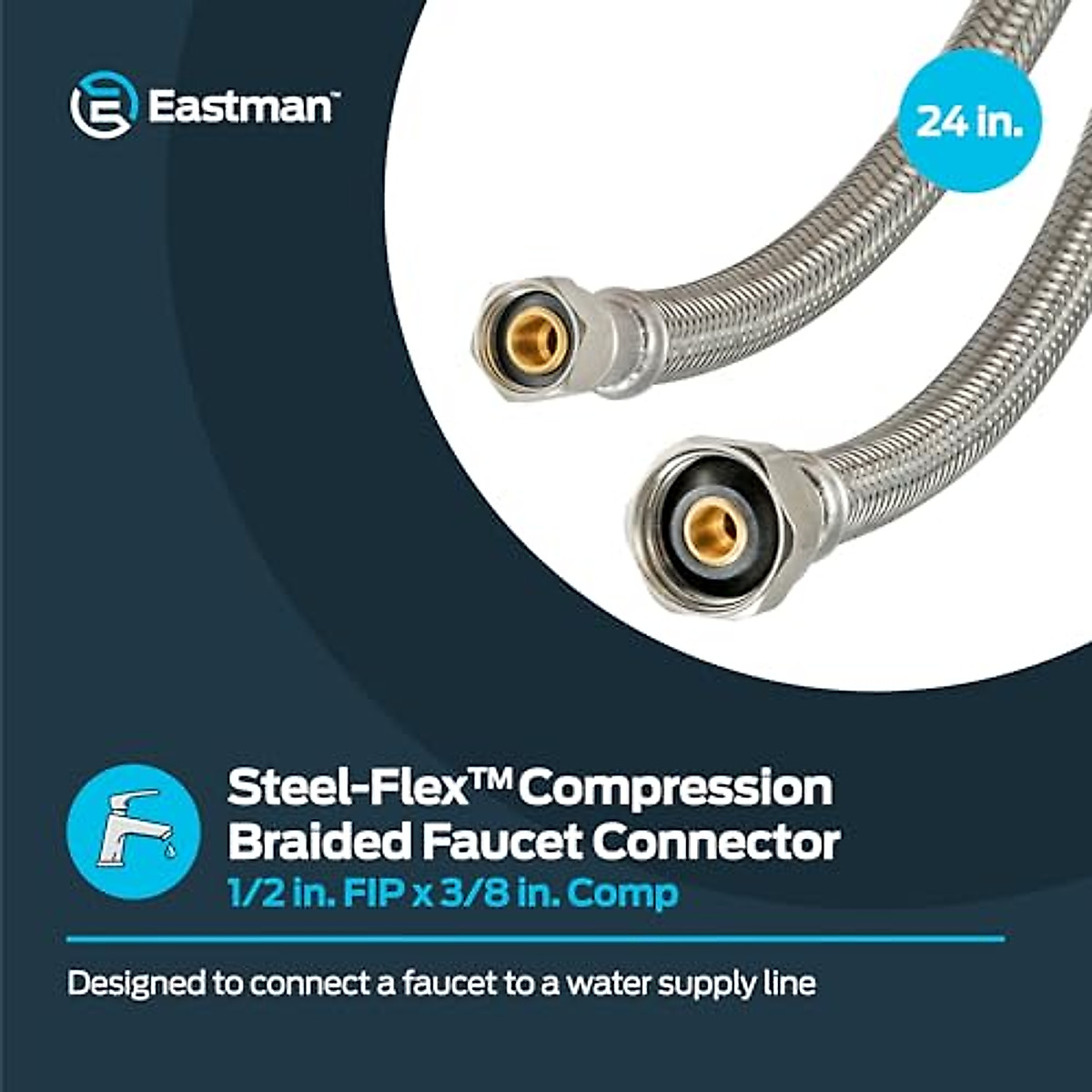 Eastman 24 inch Steel-Flex Braided Faucet Connector, 1/2 Inch FIP x 3/8 Inch Compression, Stainless Steel Faucet Supply Line, 48006