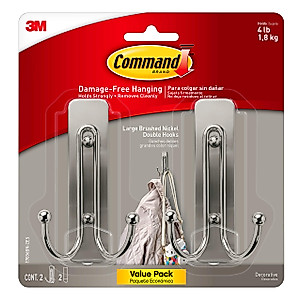 Command Large Wall Hooks, Damage Free Hanging Wall Hooks with Adhesive Strips, No Tools Double Wall Hooks for Hanging Decorations in Living Spaces, 2 Brushed Nickel Plastic Hooks and 2 Command Strips