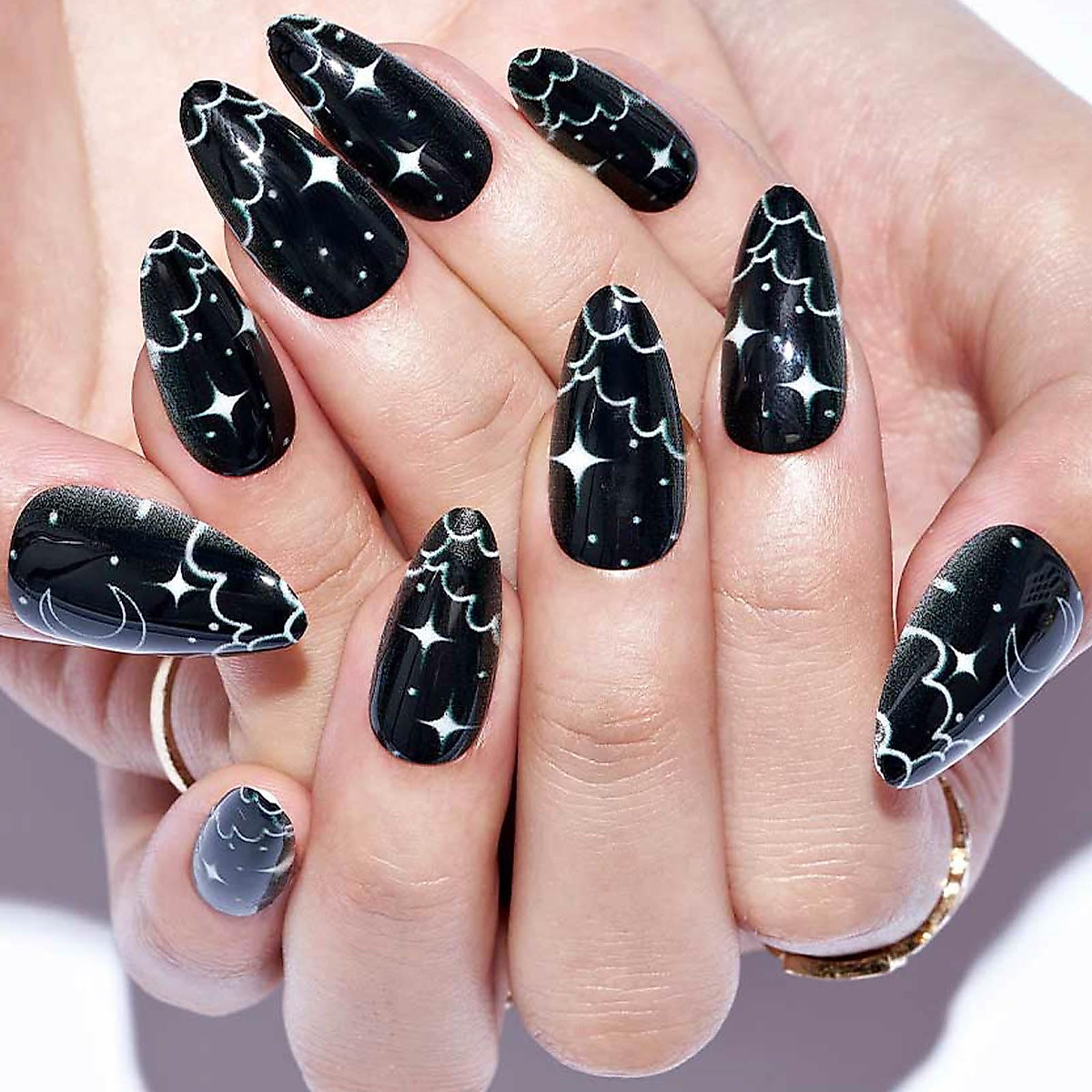 GLAMERMAID Winter Press on Nails Almond,Black Gel False Nails with tree Design,24 PCS Glue on Nails,Reusable Acrylic Stick on Nails Tips Manicure Set for Women Girls Gift