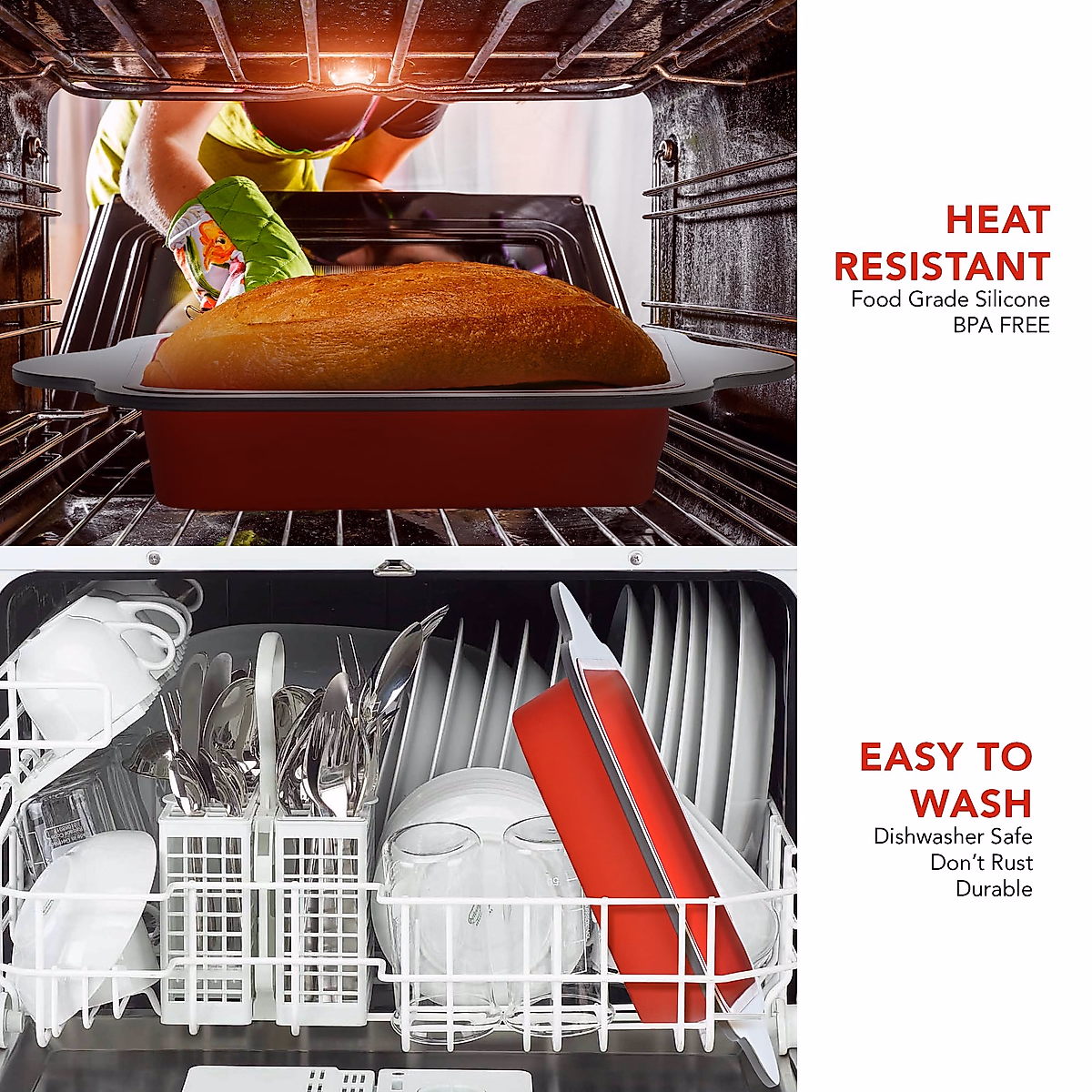 Boxiki Kitchen Premium Baking Set: Silicone 9x5 Inch Bread Loaf Pan & Non-Stick Steel 8.5 Inch Banana Bread Pan with Silicone Handles.