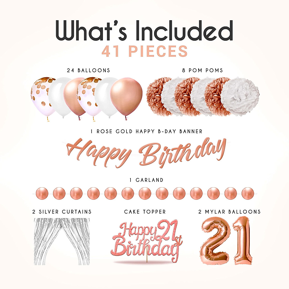 EpiqueOne 41-Piece Rose Gold 21st Birthday Decorations for Women | Includes Happy Birthday Banner, Cake Topper, Tissue Pom Poms & More | Easy to Set Up | Also Ideal for Bridal and Baby Showers & More