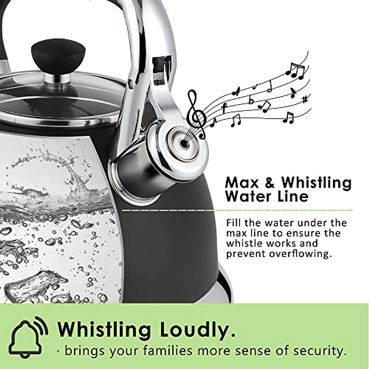 Rorence Stainless Steel Whistling Tea Kettle: 3.5 Quart Tea Pot with Capsule Bottom & Glass Lid for Stovetop - Black