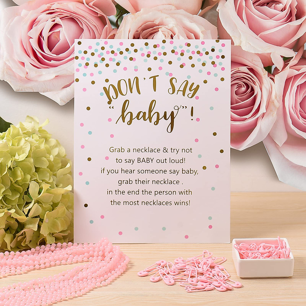 ZJJZGYXINTAI Baby Shower Games for Girl, Including 1 Don’t Say Baby Sign and 24Pcs Pink Beaded Necklace 72Pcs Pink Mini Pin