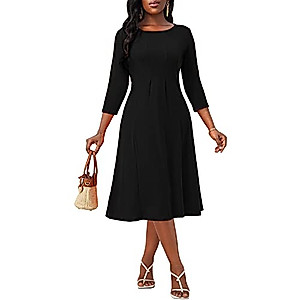 Women's Midi A Line Dress Vintage Casual Party 3/4 Sleeve Empire Waist Swing Fit and Flare Dresses Black XL