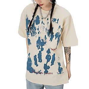 Vamtac Graphic Tees Men Vintage Oversized Y2K Graffiti Print Summer Short Sleeve Streetwear T Shirts for Women Apricot