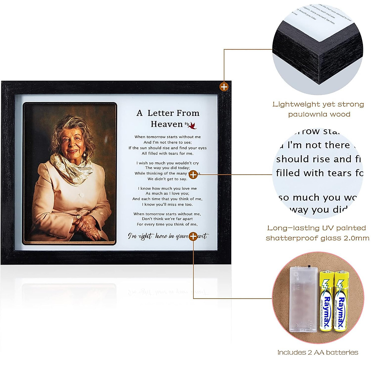 WOODEXPE Sympathy Gift LED Memorial Shadow Box Memorial Picture Frame for Loss of Loved One 4x6 Photo (A Letter from Heaven Black)