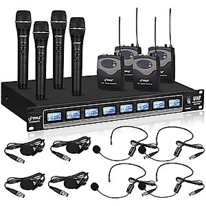 Pyle 8 Ch UHF Wireless Microphone System & Rack Mountable Base 4 Handheld MICS 4 Headsets, 4 Belt Packs, 4 Lavelier/Lapel MIC with Independent Volume Controls AF & RF Signal Indicators (PDWM8350)