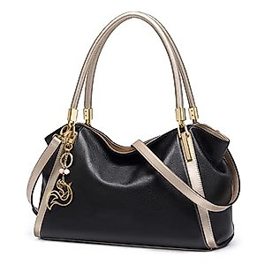 Leather Handbags for Women, Genuine Leather Large Capacity Ladies Top-handle Bags with Adjustable Shoulder Strap Womens Designer Crossbody Zipper Bags Women's Real Leather Messenger Satchel (Black)