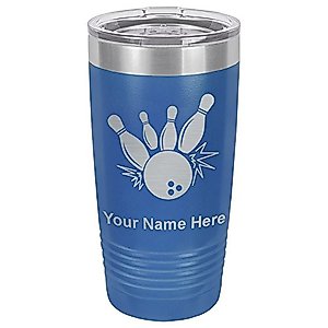 LaserGram 20oz Vacuum Insulated Tumbler Mug, Bowling Ball and Pins, Personalized Engraving Included (Dark Blue)