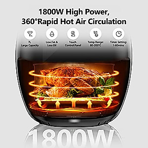 Air Fryer 7.4 QT Large Capacity with 7 in 1 Menus LED Touch Screen Adjustable Time/Temp Control Air Fryers for Home Use Oil-Free Cooking 1800W Electric