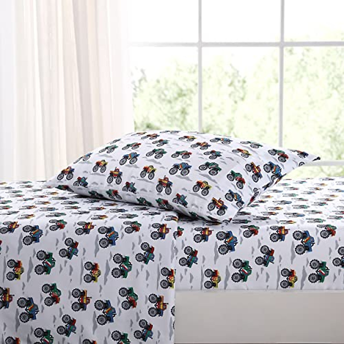 Poppy & Fritz Kids, Twin Sheet Set, Stain Resistant Kids Bedding, Soft & Cozy Toddler Bedding Set (Trucks Grey, Twin)