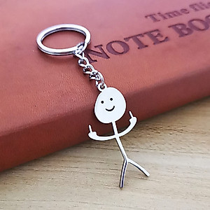 Stainless Steel Funny Doodle Keychain Middle Finger Pendant Keyring Long Distance Friendship Jewelry for Men Women (Silver)