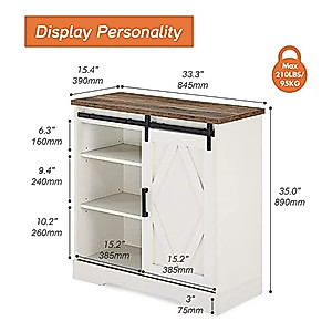 WAMPAT Rusitc Farmhouse Accent Buffet Sideboard Serving Console Cabinet Coffee Bar Entryway Table with Sliding Barn Door, Storage Shelves for Home Kitchen Bathroom, 35 inch, White