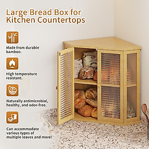WouZglk Extra Large Corner Bread Box for Kitchen Countertop, 16.5 inch Bamboo Double Layer Bread Storage with Glass Wavy Door Panel, Eco-Friendly and Stylish Design
