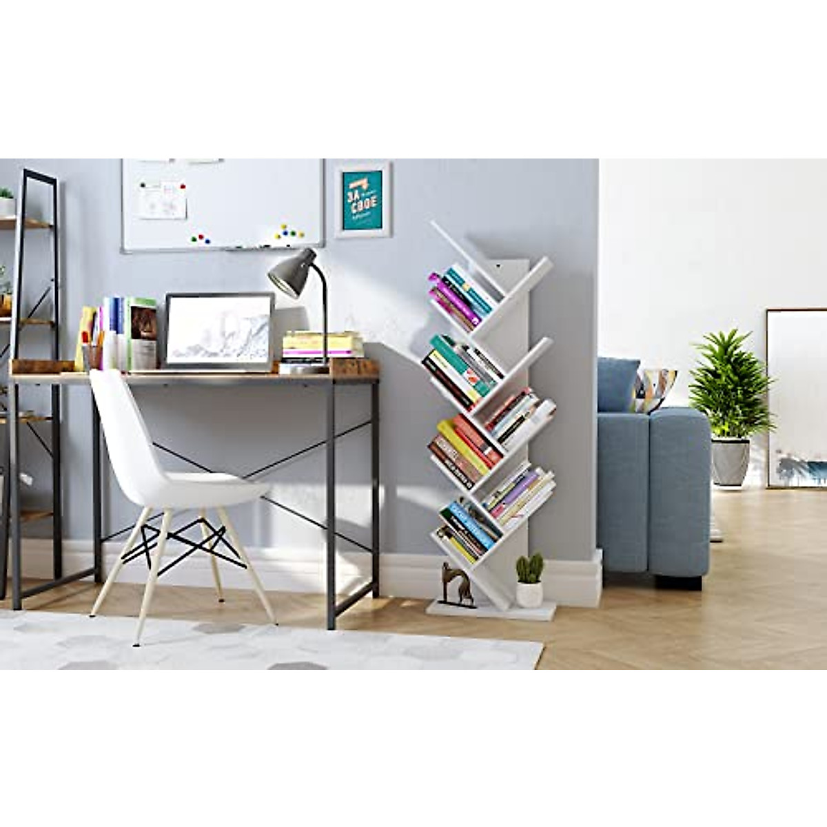 Yusong Tree Bookshelf, 9-Tier Floor Standing Bookcase for Living Room Bedroom, Utility Organizer Shelves for Home Office, White