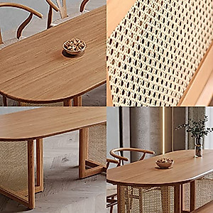 47.2inches Modern Pine Solid Wood Dining Table - Farmhouse Oval Dinette Table with Rattan Double Pedestal - Mid-Century Kitchen and Dining Room Furniture