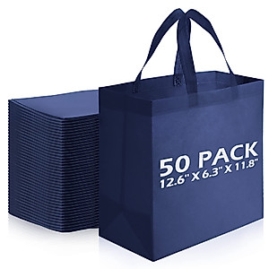50 Pieces Reusable Totes Bag Bulk, Shopping Bags Non Woven Grocery Bag with Handles Foldable for Parties Boutiques Retail (Navy Blue)