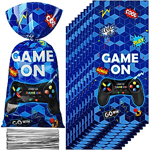 100pcs Video Game Party Bags Plastic Video Game Loot Bags Gaming Goody Candy Treat Bags with 100 Silver Twist Ties Game on Favor Bags Video Games Theme Party Decoration for Game Birthday Party(Blue)