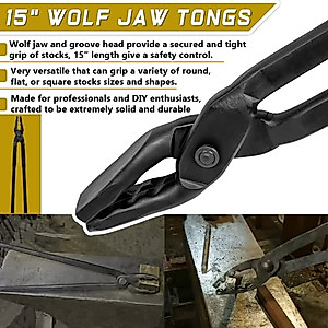 Blacksmith 15” Wolf Jaw Tongs and Hammer Tool Set Essential Tools for Blacksmith Bladesmith Forge