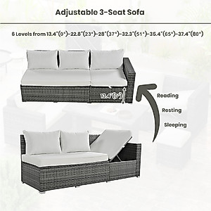 Merax Patio Dining Table Set, Outdoor 6-Piece All Weather PE Rattan Sofa Set, Wicker Sectional Furniture Set with Adjustable Seat, Storage Box, Removable Covers and Tempered Glass Top Table Beige