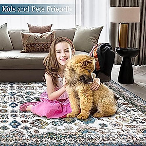 RUGSREAL 9x12 Blue Area Rug, Traditional Washable, Vintage Distressed, Kitchen Floor Cover, Foldable, Indoor Mat