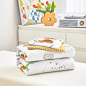 Flysheep 4 Piece White Toddler Bedding Set for Baby Girls and Boys, Cute Animals Printed - Includes Quilted Comforter, Flat Sheet, Fitted Sheet & Pillow Case, Soft Microfiber