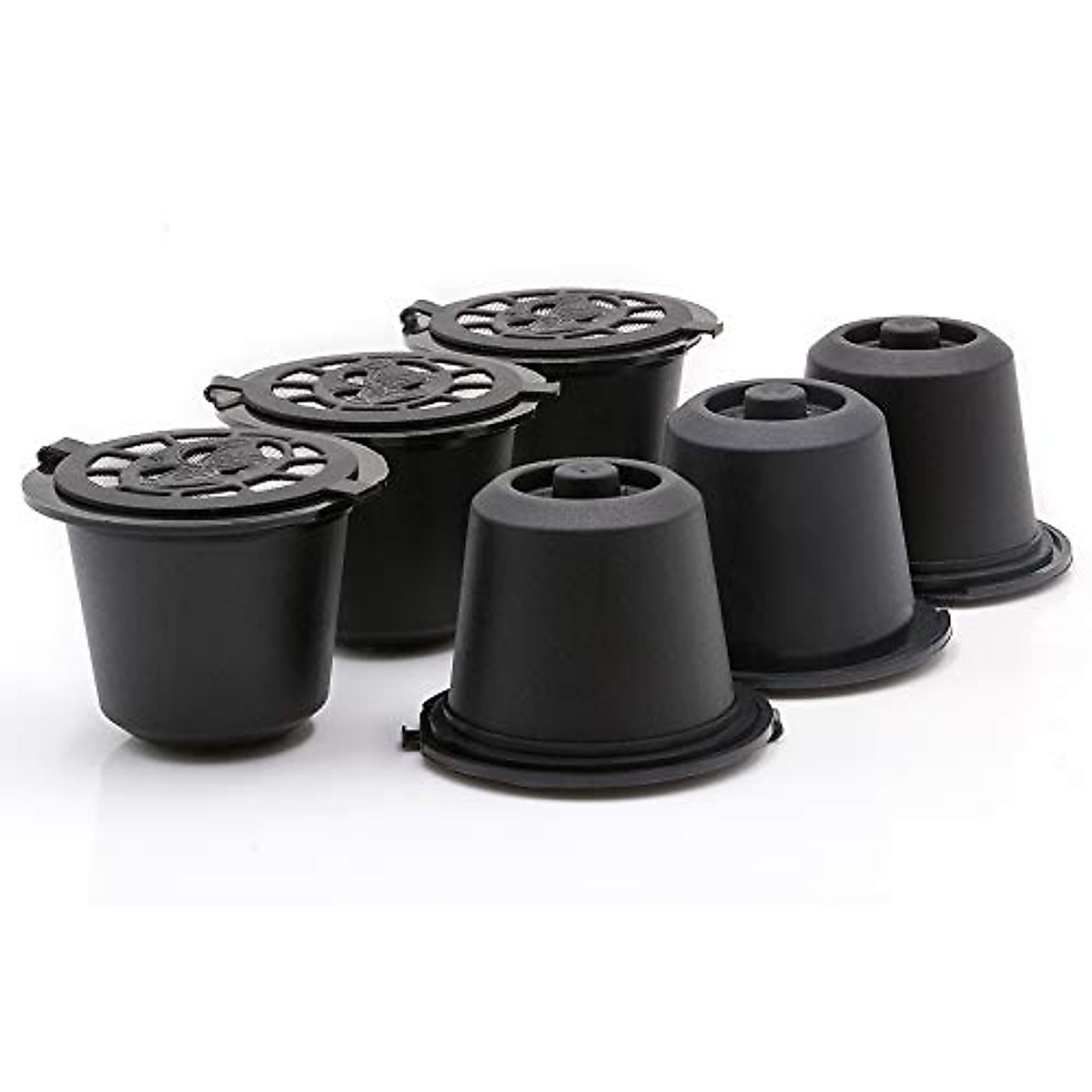 i Cafilas 6 Reusable Capsules Pods Refillable Coffee Capsule Filter Compatible Nespresso coffee machines with Coffee Spoon brush (6, Black)