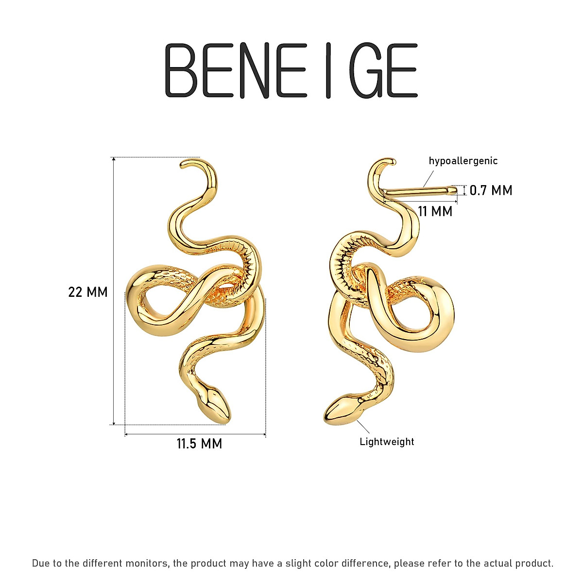 BENEIGE Gold Snake Studs Earrings 14K Gold Plated Dainty Snake Earring Hypoallergenic Handmade Simple Jewelry for Women
